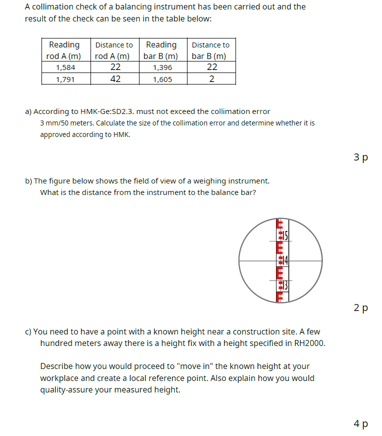 Solved A collimation check of a balancing instrument has | Chegg.com
