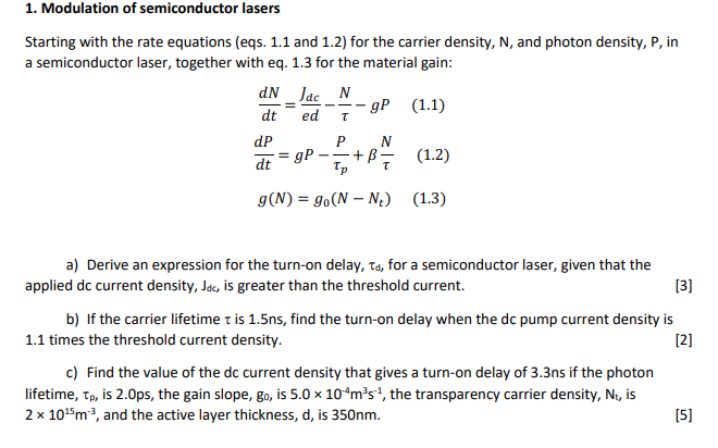 1. Modulation of semiconductor lasers Starting with | Chegg.com