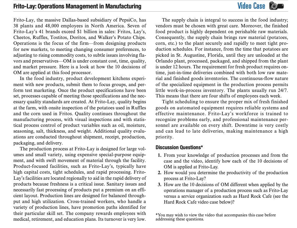 Solved Frito-Lay: Operations Management in Manufacturing | Chegg.com