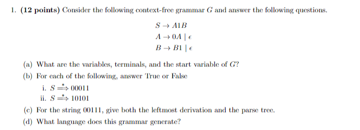 Solved (12 points) Consider the following context-free | Chegg.com