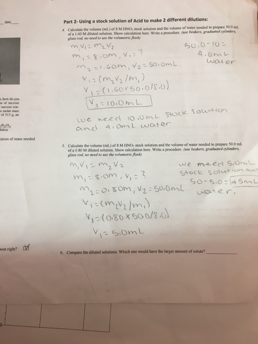 Solved Part 2- Using a stock solution of Acid to make 2 | Chegg.com