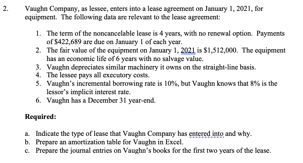Solved 2. Vaughn Company, as lessee, enters into a lease | Chegg.com