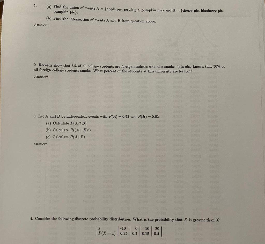 Solved Find the union of events and the intersections of | Chegg.com