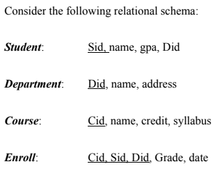 Solved Consider the following relational schema: Student: | Chegg.com