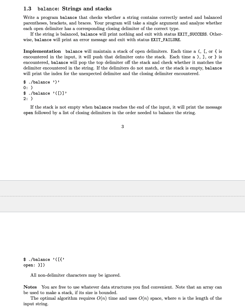 Solved 1.3 balance: Strings and stacks Write a program | Chegg.com