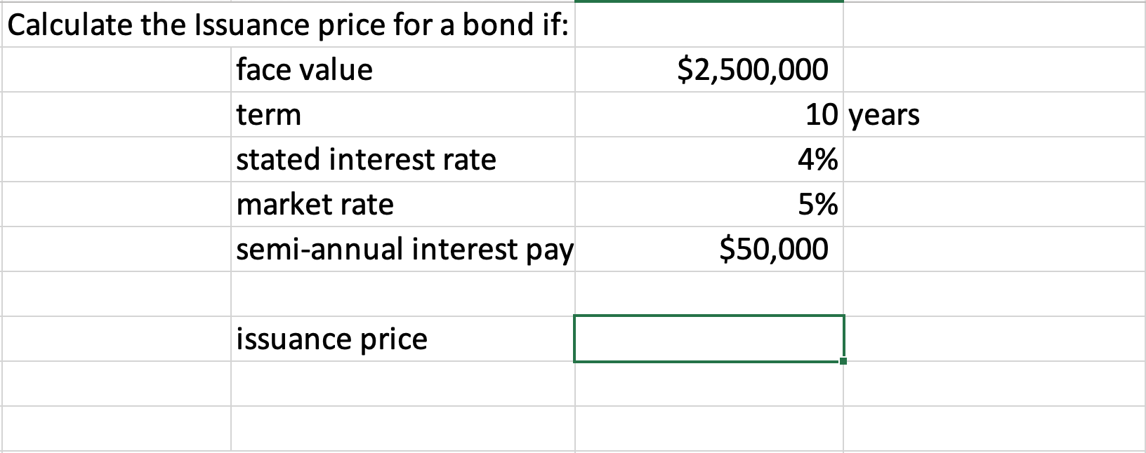Solved Calculate the issuance price for a bond on excel | Chegg.com