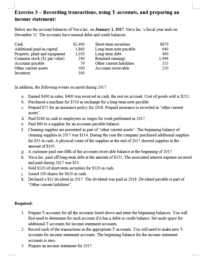 Solved Exercise 3 - Recording transactions, using | Chegg.com