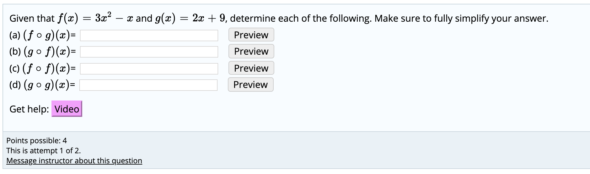Solved – 9x + 5 and g(x) = 3x – 8, determine each of the | Chegg.com