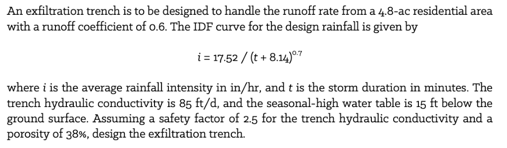 Solved An exfiltration trench is to be designed to handle | Chegg.com
