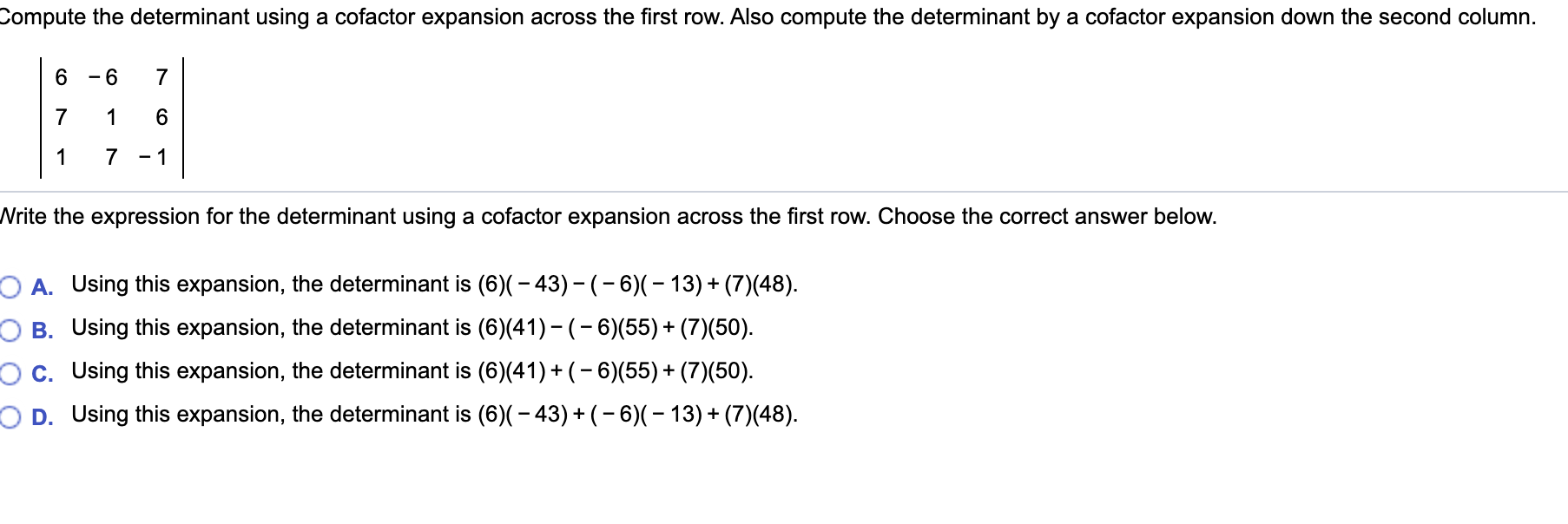 Solved Compute the determinant using a cofactor expansion | Chegg.com