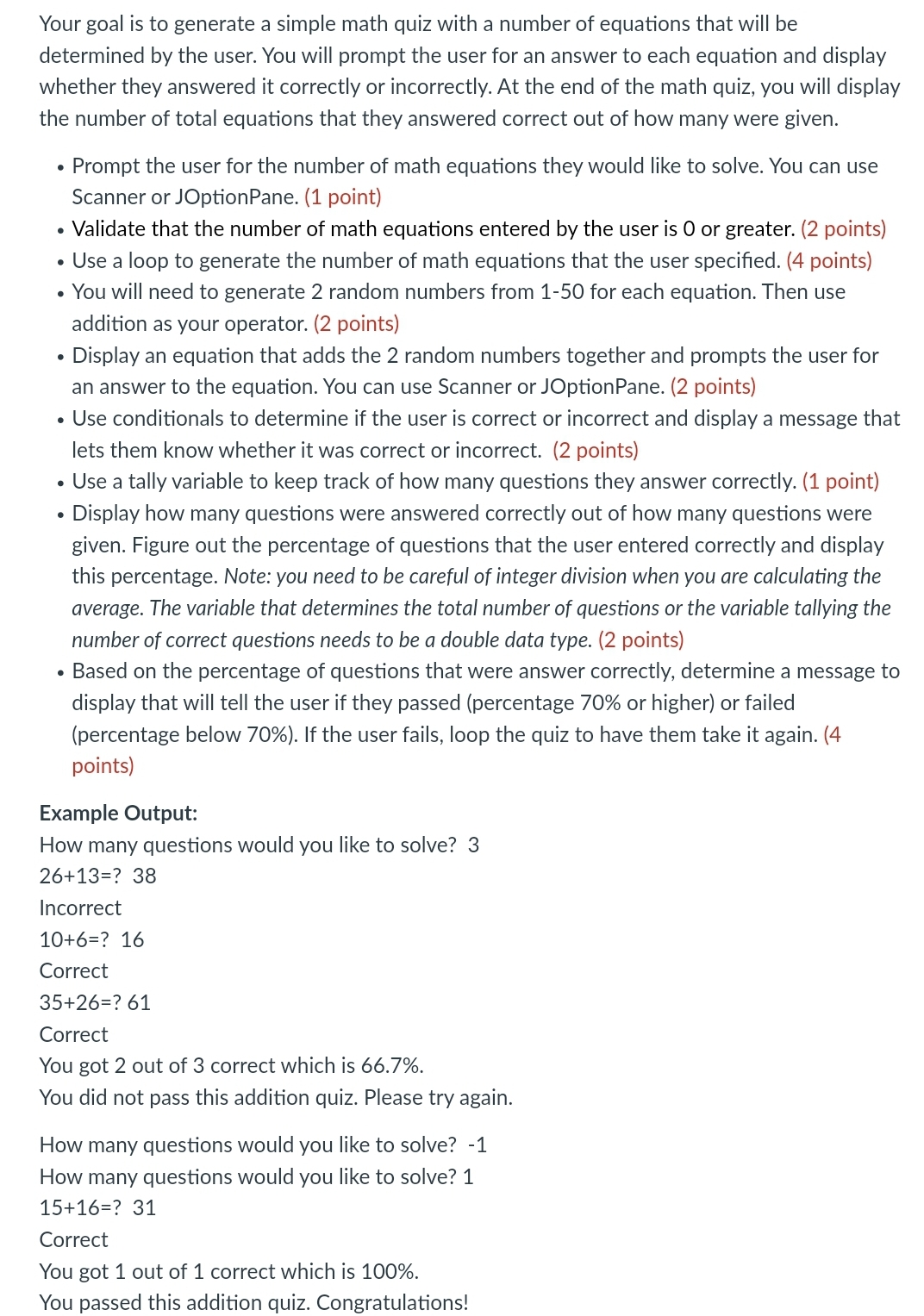 Solved Addition Quiz Your goal is to generate a simple math | Chegg.com