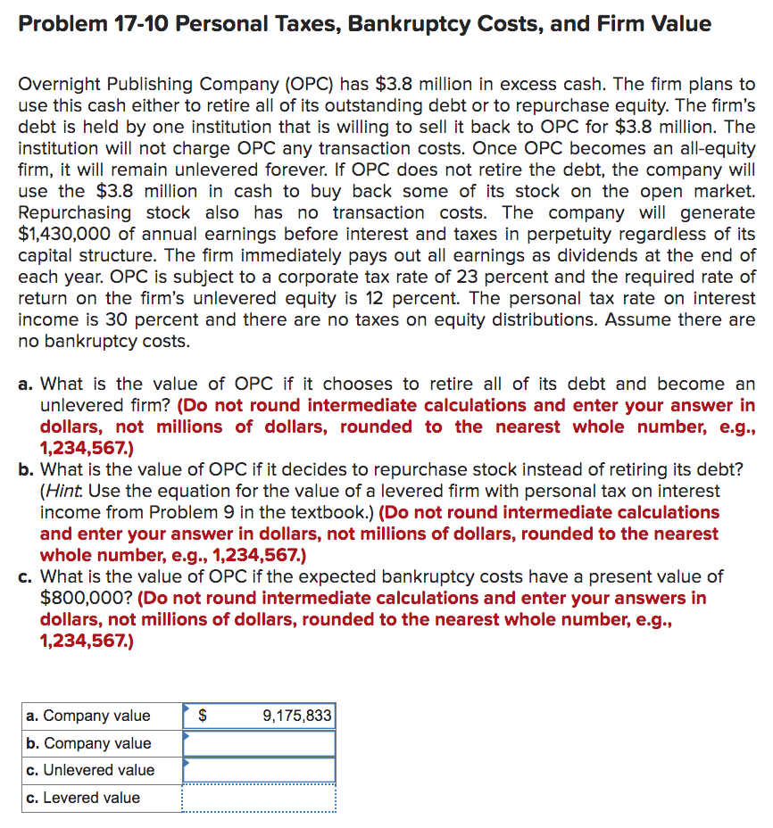 Solved Problem 17-10 ﻿Personal Taxes, Bankruptcy Costs, and | Chegg.com