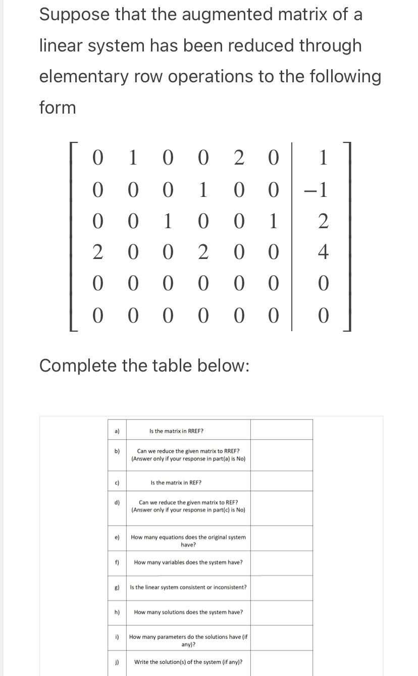 Solved ete the table below: a) Is the matrix in RREF? b) Can | Chegg.com