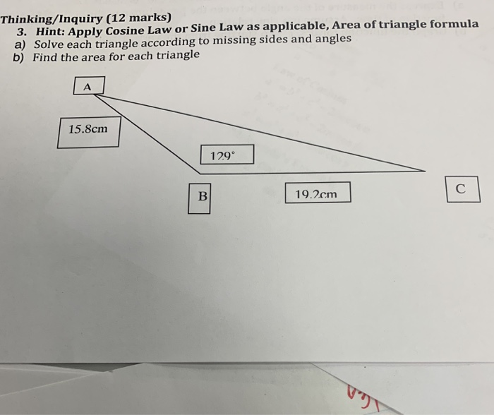 Solved Thinking/Inquiry (12 marks) 3. Hint: Apply Cosine Law | Chegg.com