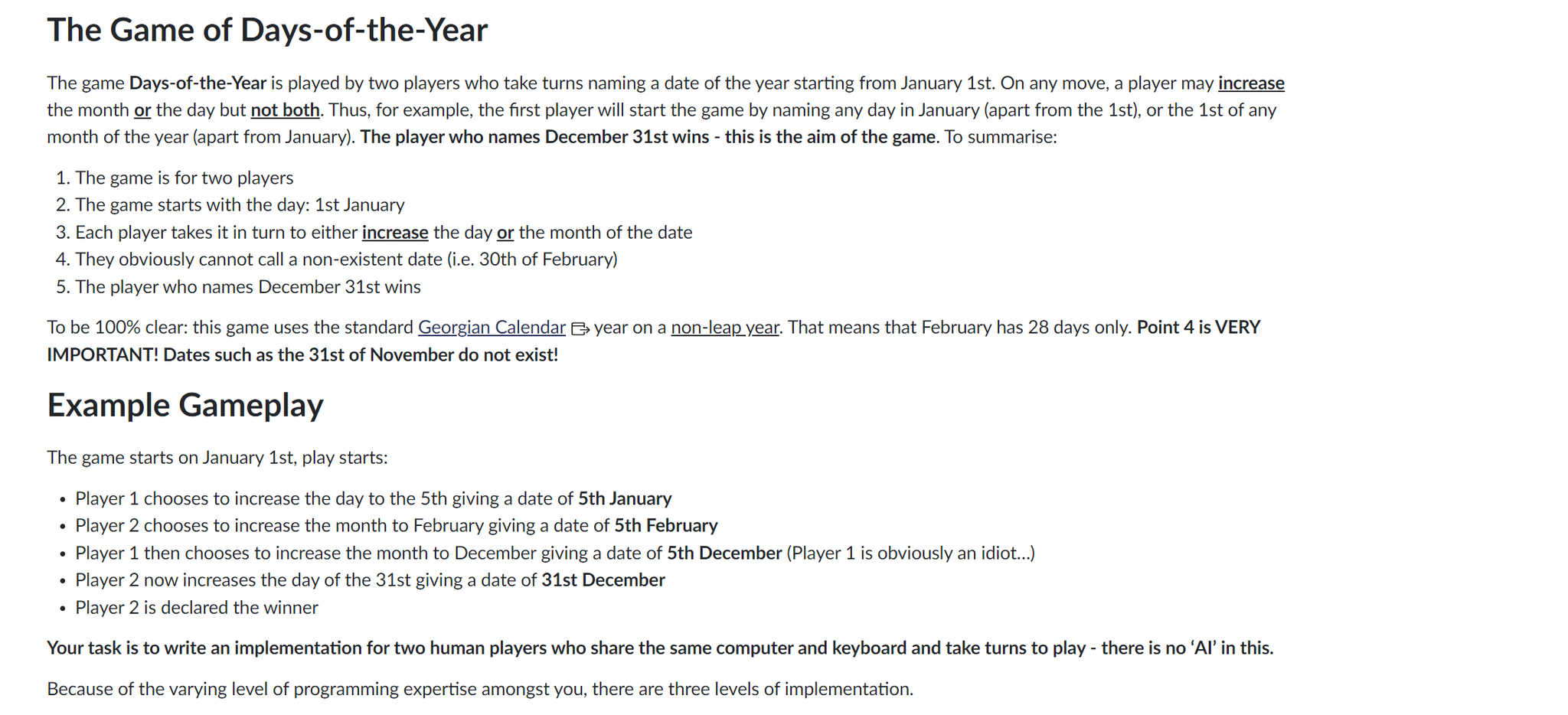 Solved The Game of Days-of-the-Year The game | Chegg.com
