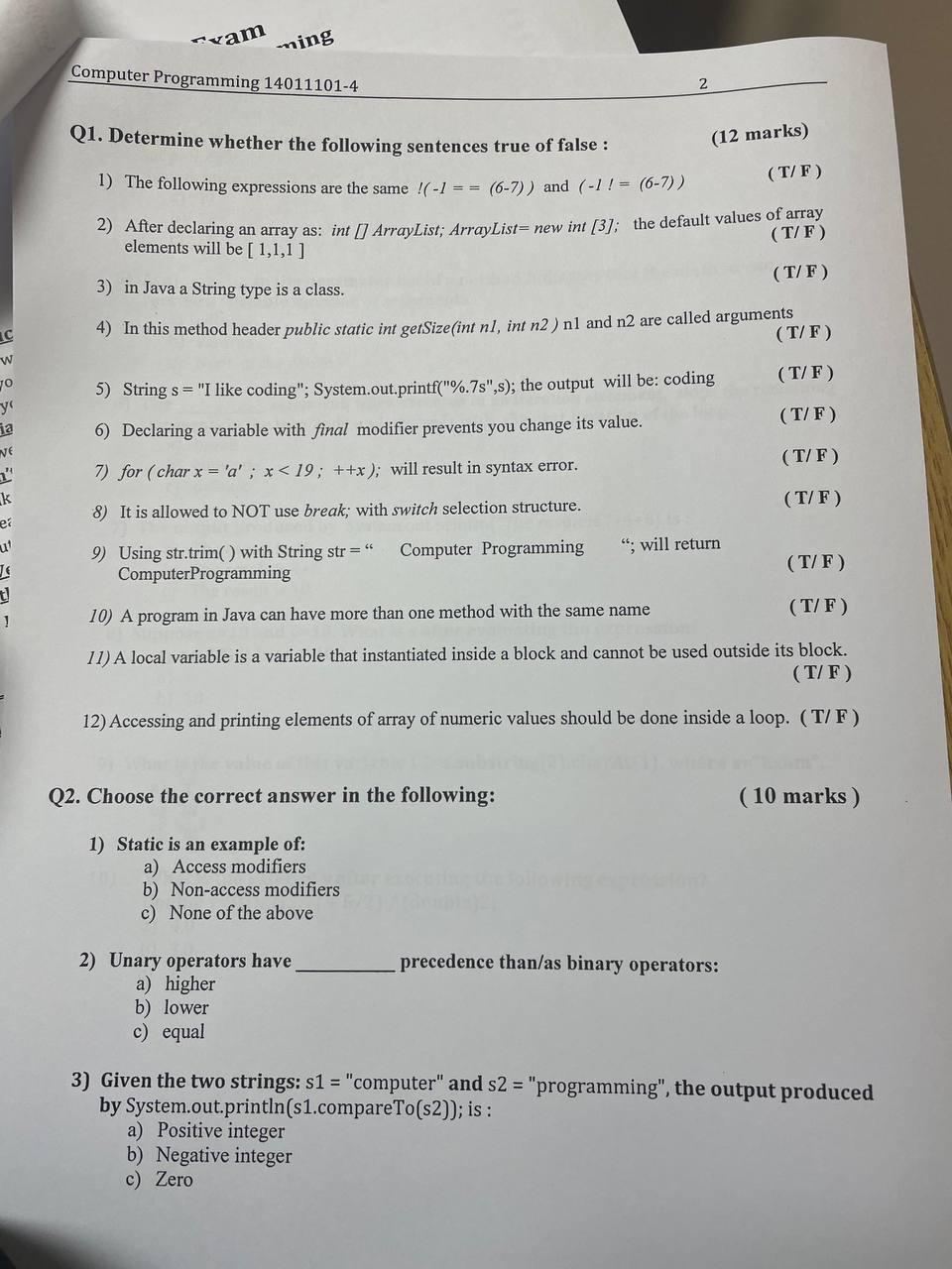Solved vam ning Computer Programming 14011101-4 2 (12 marks) | Chegg.com