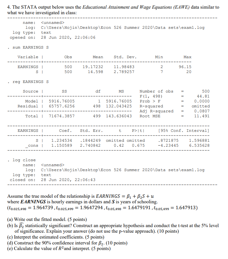 Solved 4. The STATA output below uses the Educational | Chegg.com