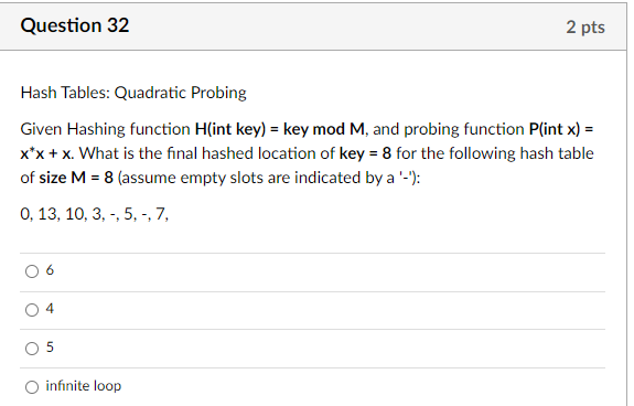 Solved Question 32 2 pts Hash Tables: Quadratic Probing | Chegg.com