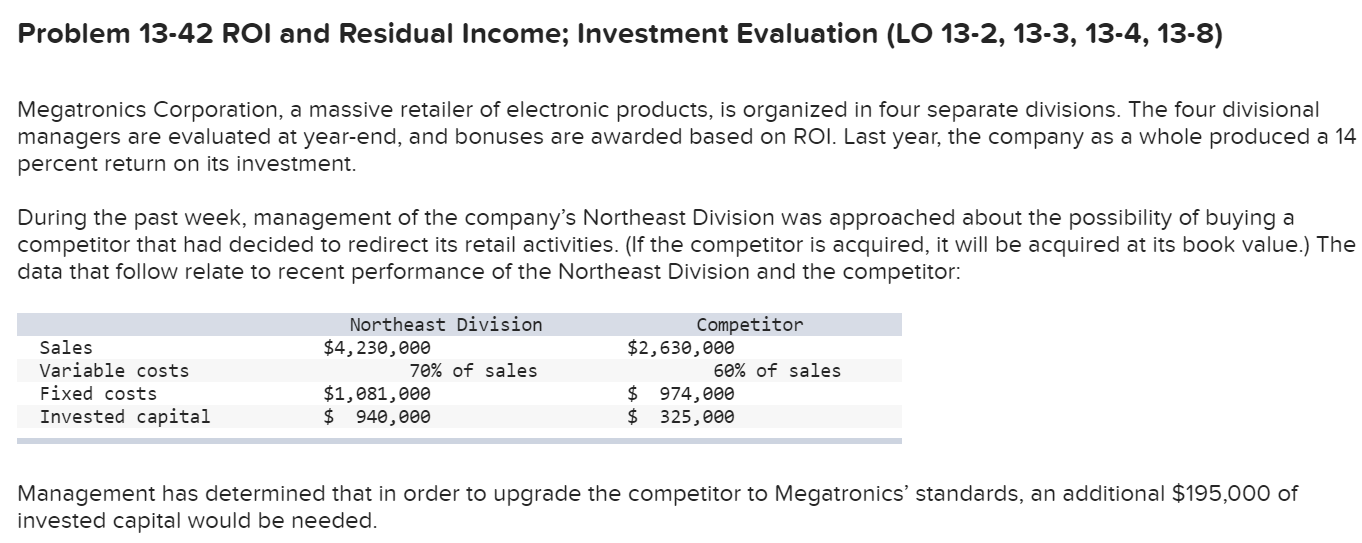 Problem 13-42 ROI and Residual Income; Investment | Chegg.com