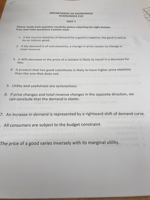 Solved DEPARTMENT OF ECONOMICS ECONOMICS 212 TEST 1 Please | Chegg.com
