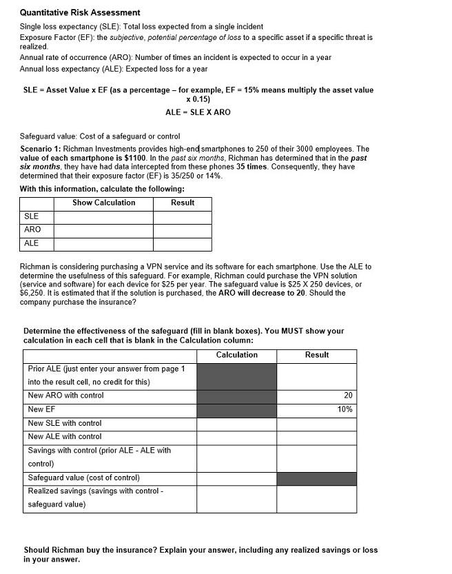 Quantitative Risk Assessment Single loss expectancy | Chegg.com