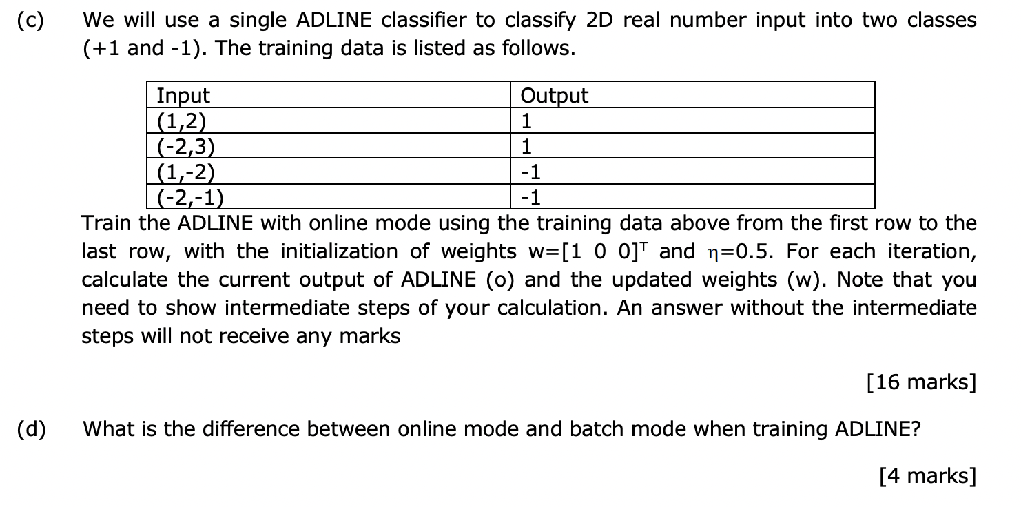 Solved (c) c We will use a single ADLINE classifier to | Chegg.com