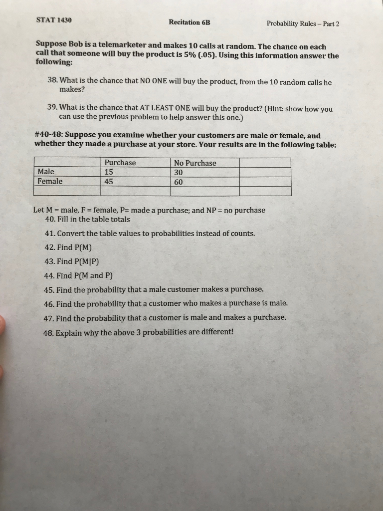 Solved STAT 1430 Recitation 6B Probability Rules - Part 2 | Chegg.com