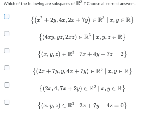 Solved Which of the following are subspaces of R3 ? Choose | Chegg.com