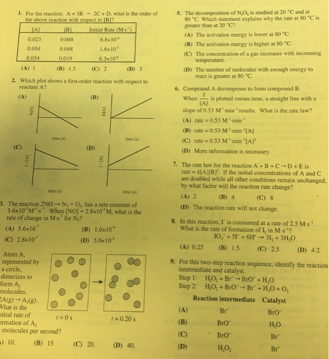 Solved 1. For the reaction: A 3B 2C D. what is the order of | Chegg.com
