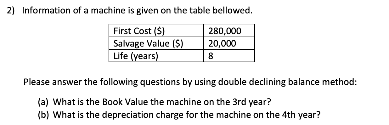 Solved 2) Information of a machine is given on the table | Chegg.com