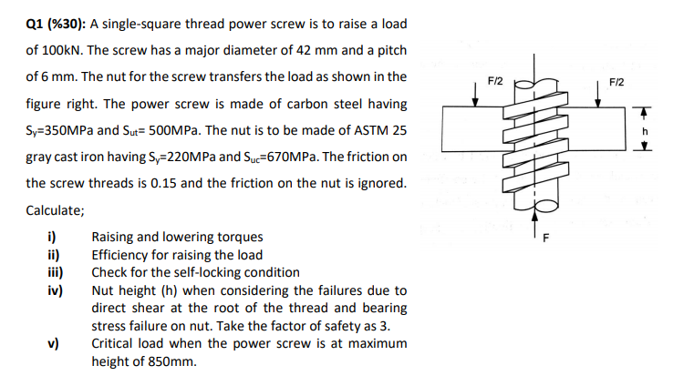 Solved F/2 F/2 Q1 (%30): A single-square thread power screw | Chegg.com