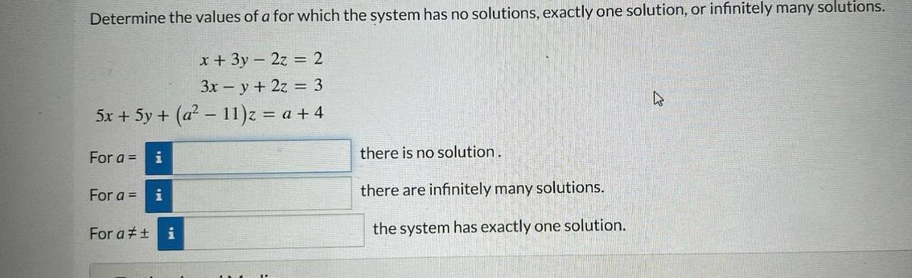 Solved Determine the values of a for which the system has no | Chegg.com