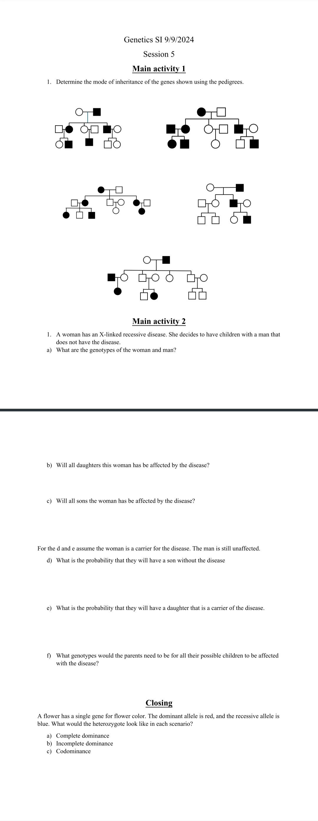 Solved Please answer all for exam study guide.Genetics SI | Chegg.com