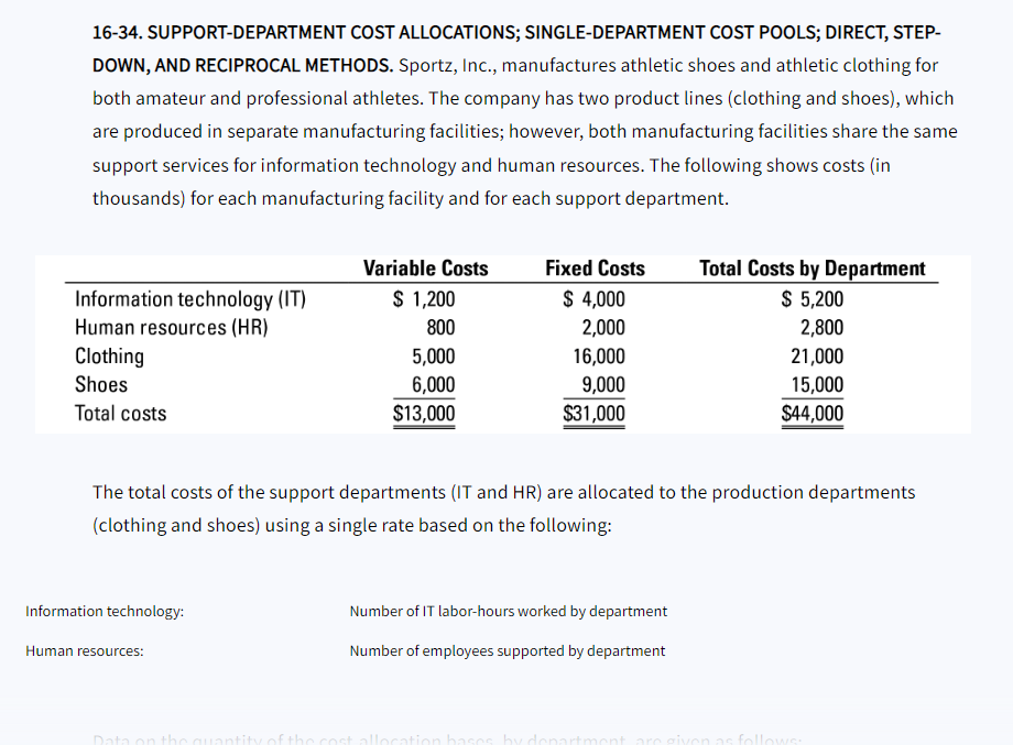 Solved 16-34. SUPPORT-DEPARTMENT COST ALLOCATIONS; | Chegg.com