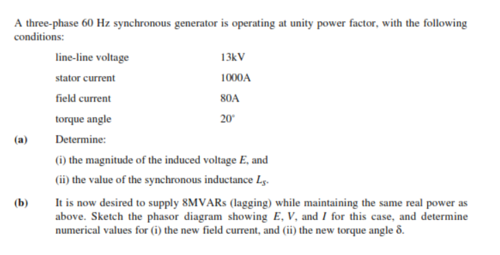 Solved a three-phase 60hz synchronous generator is operating | Chegg.com