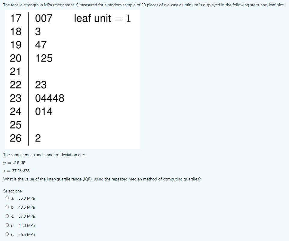 Solved The tensile strength in MPa (megapascals) measured | Chegg.com