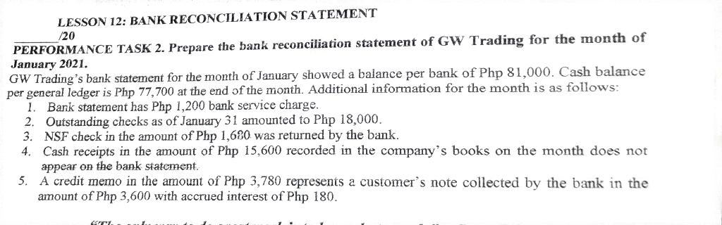 Solved LESSON 12: BANK RECONCILIATION STATEMENT /20 | Chegg.com