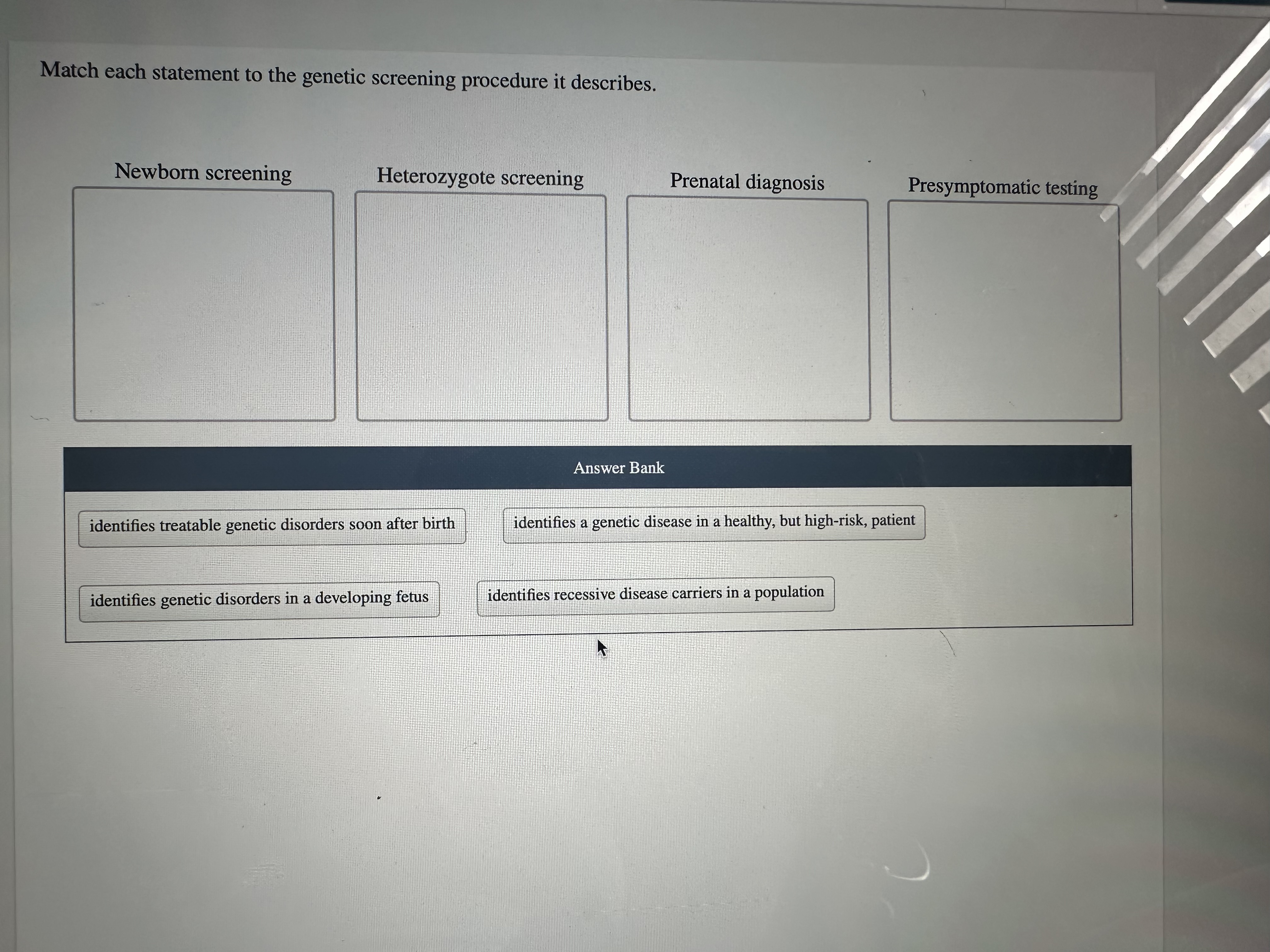 Solved Match each statement to the genetic screening | Chegg.com