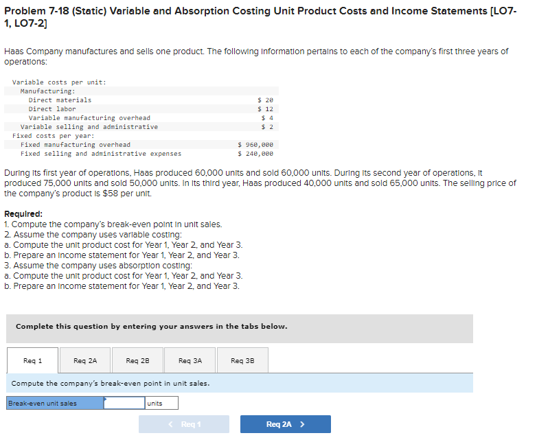 Solved Problem 7-18 (Static) Variable and Absorption Costing | Chegg.com