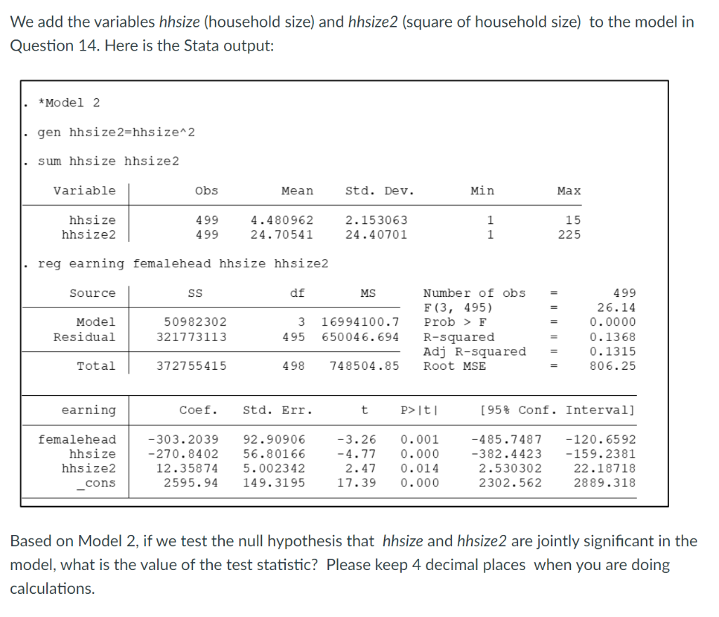 Solved The following stata output reports the impact of | Chegg.com