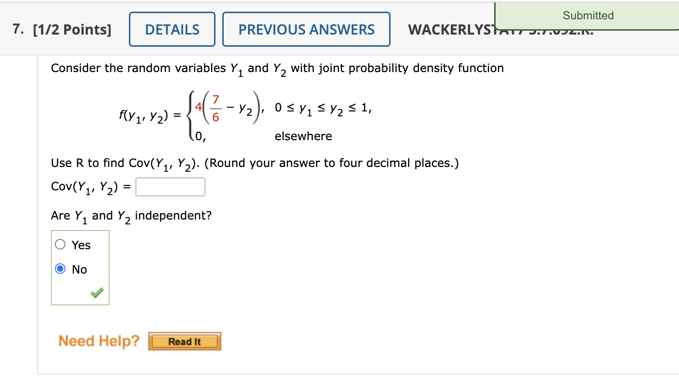 Consider the random variables Y1 and Y2 with | Chegg.com