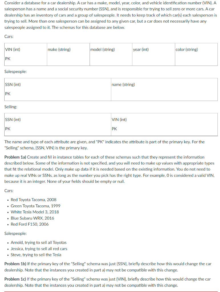 Solved Consider a database for a car dealership. A car has a | Chegg.com