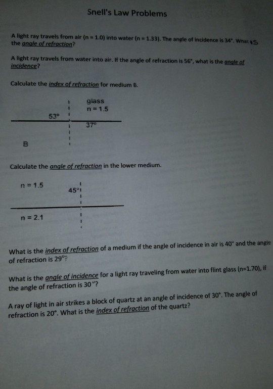 Snell's Law Problems A light ray travels from air (n | Chegg.com