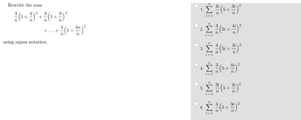 Solved Rewrite the sum n3(5+n4)2+n3(5+n8)2+…+n3(5+n4n)2 1. | Chegg.com