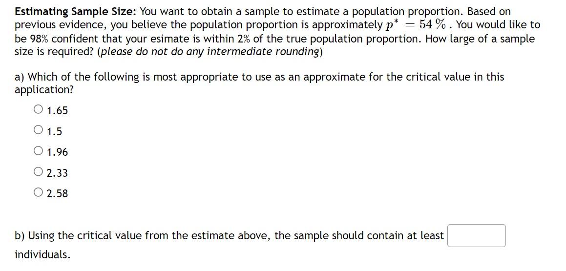 Solved Estimating Sample Size: You want to obtain a sample | Chegg.com