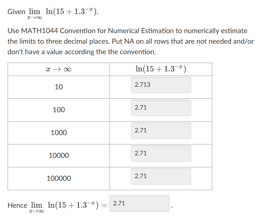 Solved Given limx→∞ln(15+1.3-x)Use MATH1044 ﻿Convention for | Chegg.com