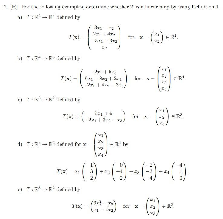 Solved [R] For the following examples, determine whether T | Chegg.com