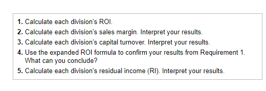 Solved 1. Calculate each division's ROI. 2. Calculate each | Chegg.com