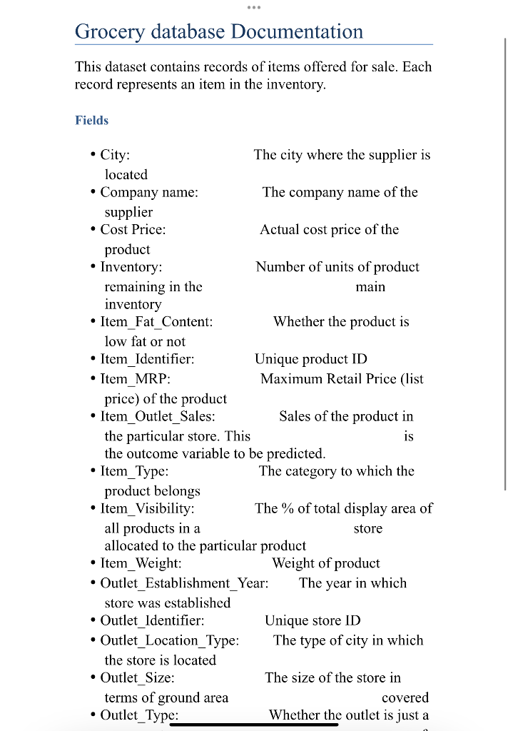 Grocery database Documentation This dataset contains | Chegg.com