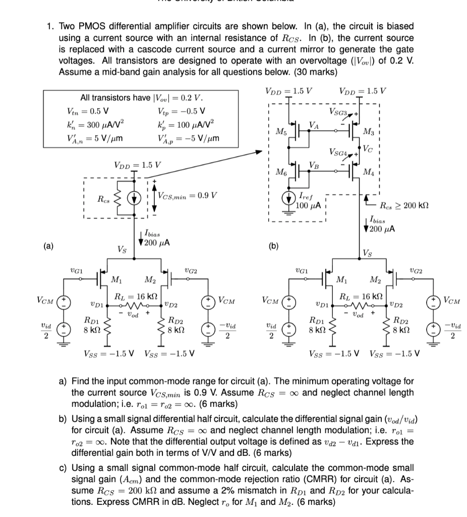 1. Two PMOS differential amplifier circuits are shown | Chegg.com